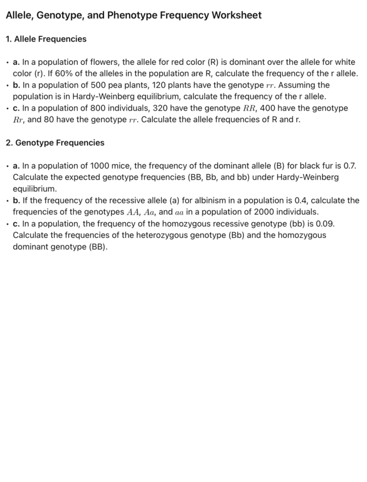 Allele, Genotype and Phenotype Frequency Worksheet - Allele Frequencies ...