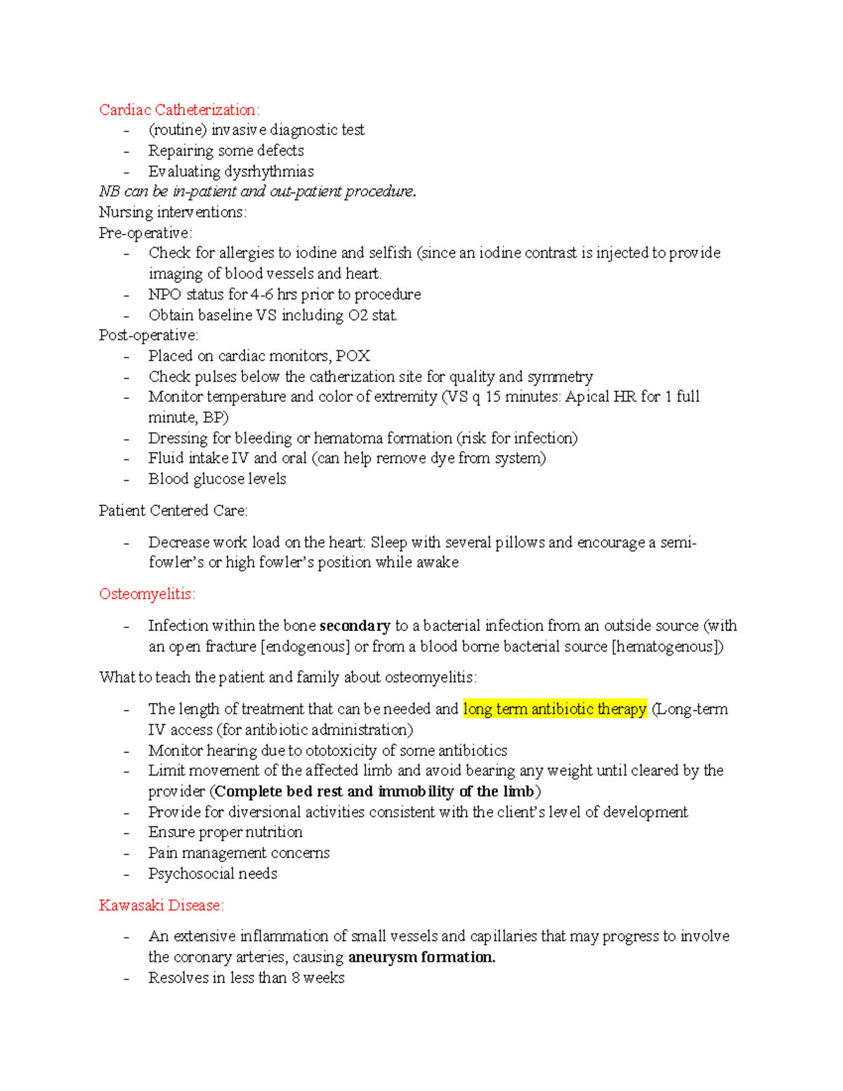 Pediatric Nursing Notes Cardiac - Cardiac Catheterization: - (routine ...