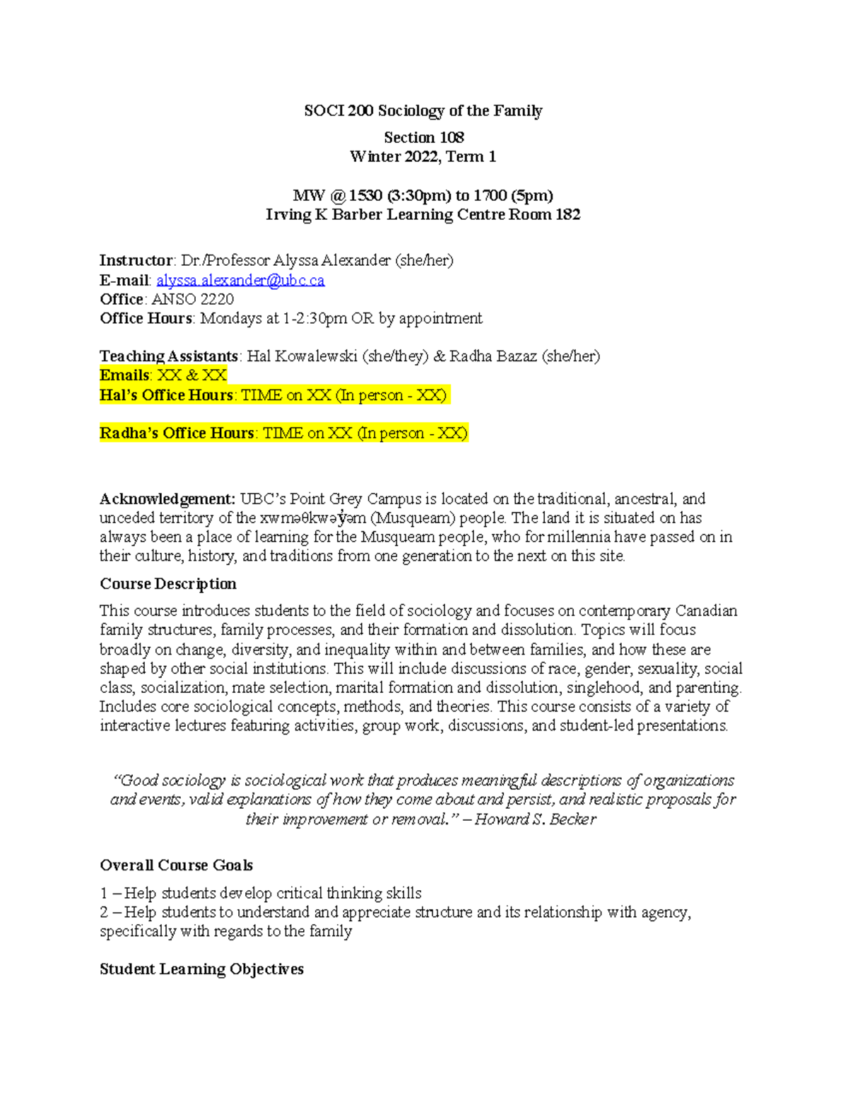 SOCI 200 Alyssa Alexander syllabus FY - SOCI 200 Sociology of the ...