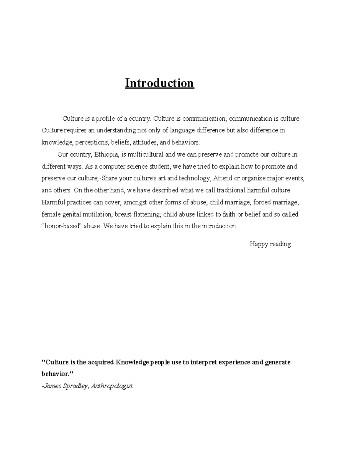 Antro - Short note - Introduction Culture is a profile of a country ...