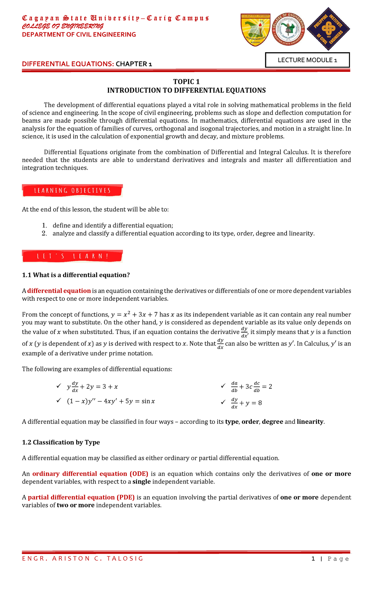 Module 1 Introduction TO Differential Equations - COLLEGE OF ...