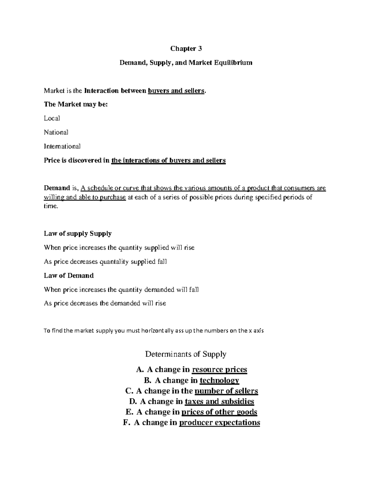 Sarah's ECO Chapter 3 - Chapter 3 Demand, Supply, and Market ...
