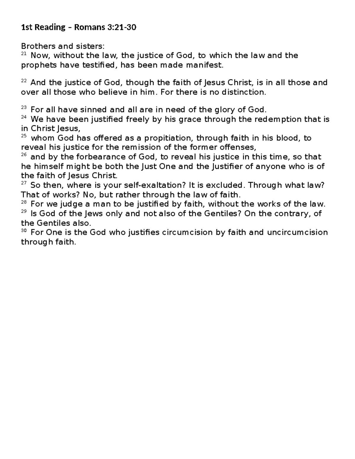 1st Reading - notes - 1st Reading – Romans 3:21- Brothers and sisters ...