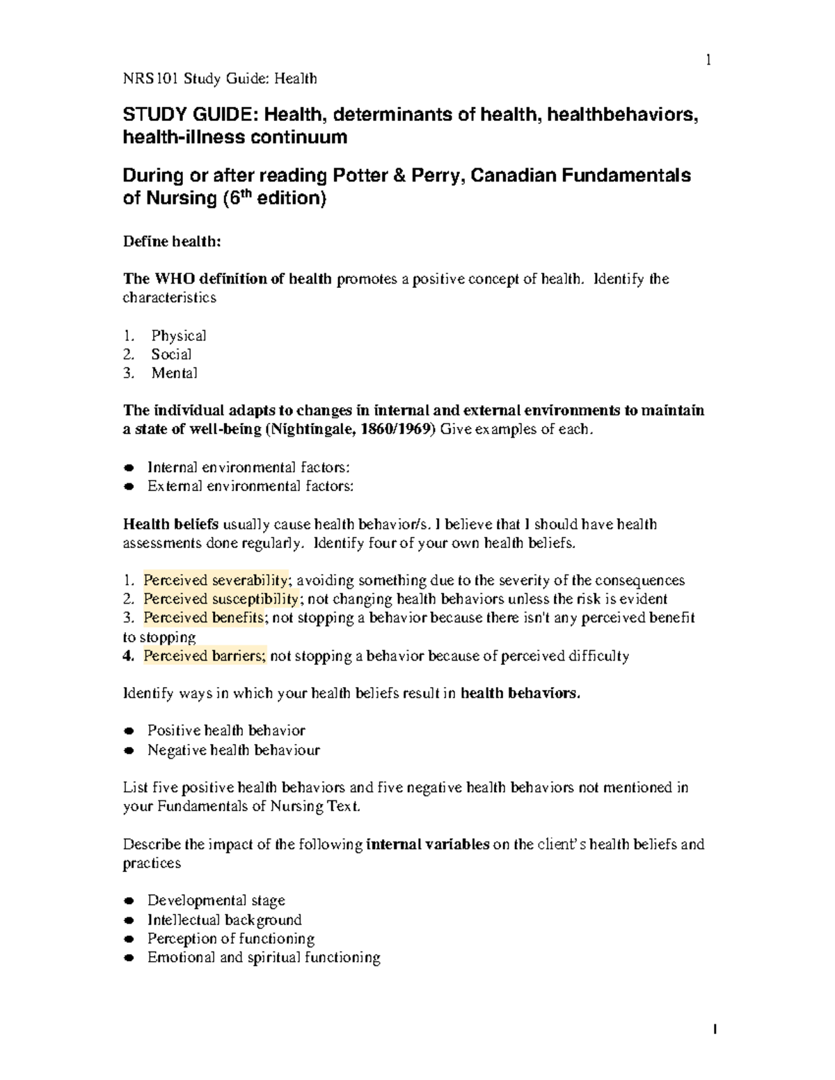NUR 101 Week 1 Health study guide - NRS101 Study Guide: Health STUDY GUIDE: Health, determinants ...