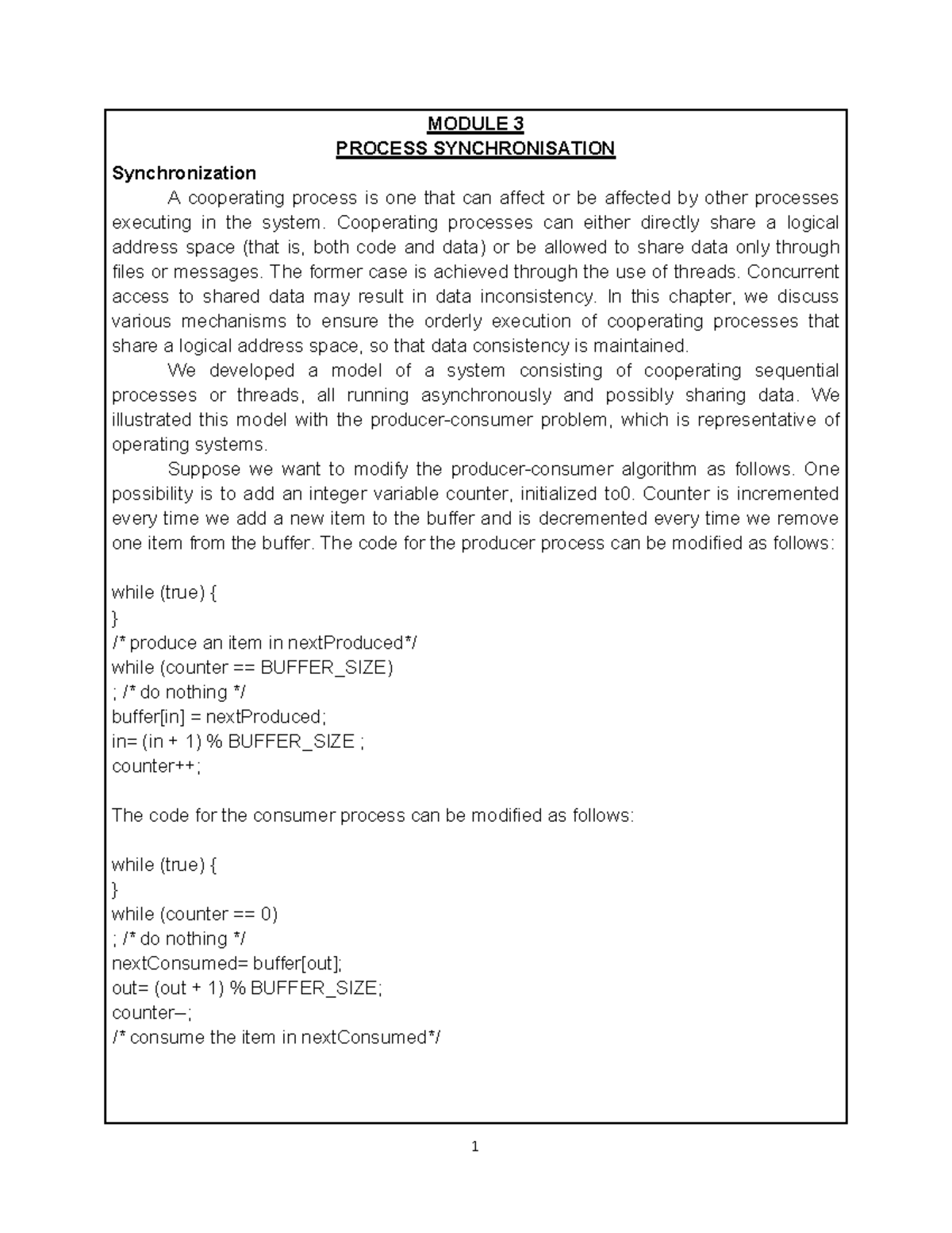 Module 3 notes - MODULE 3 PROCESS SYNCHRONISATION Synchronization A ...