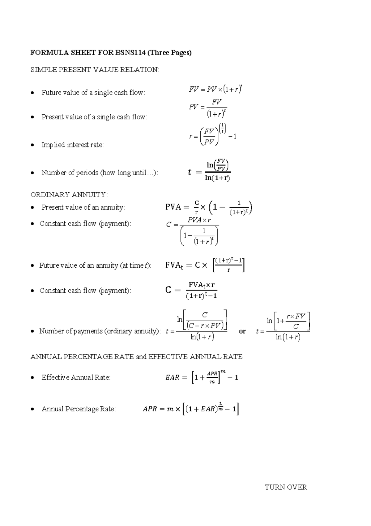 114 Formulas - Formula - Financial Decision Making - BSNS114 - - StuDocu