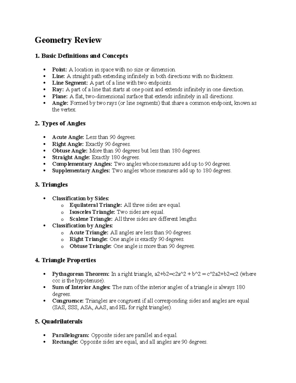 Geometry Review - Basic Definitions and Concepts Point: A location in ...