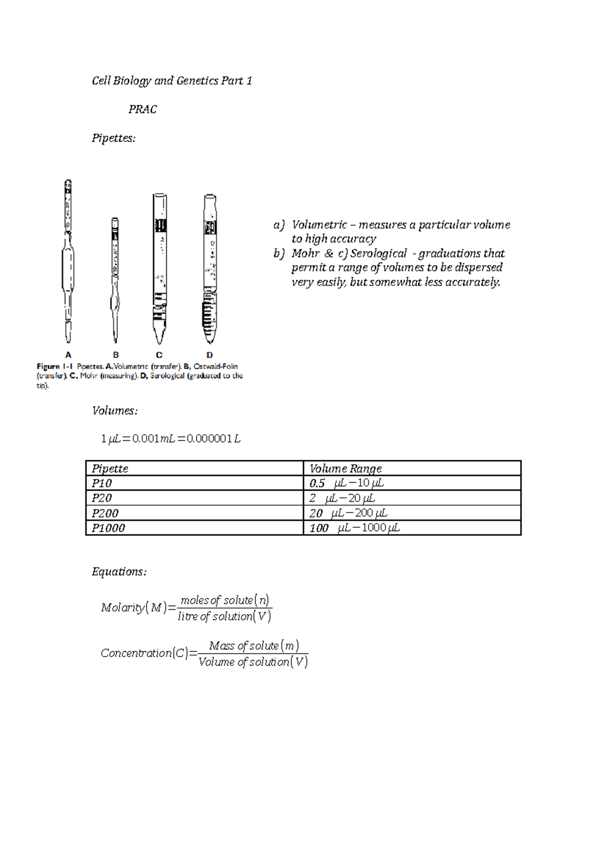 Cell Biology and Genetics Part 1 - Volumes: 1 μL=0.001mL=0 Pipette ...