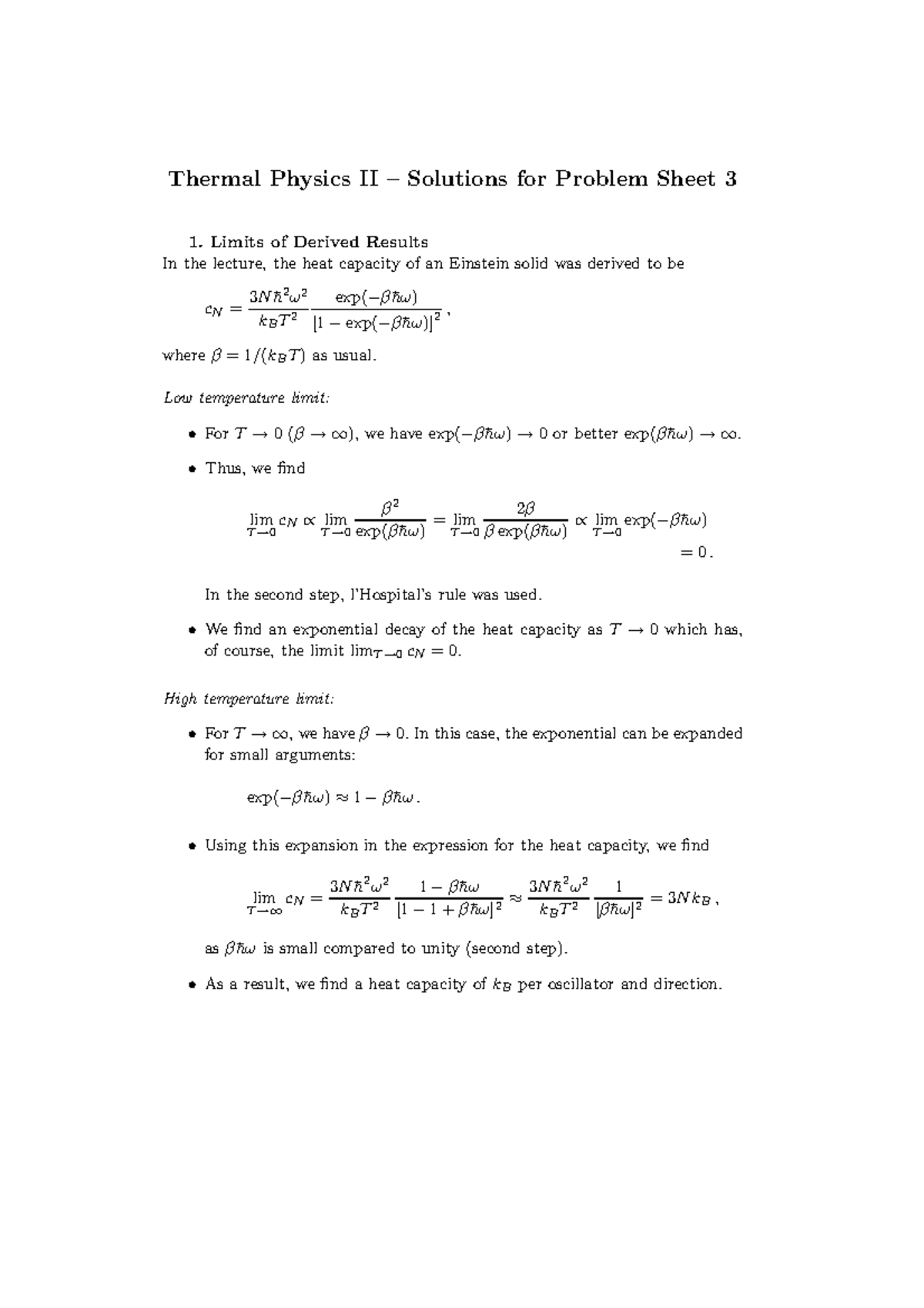 PX265 2012-2013 Problem Sheet 3 - Solutions - Thermal Physics II – Solutions for Problem Sheet 3 ...