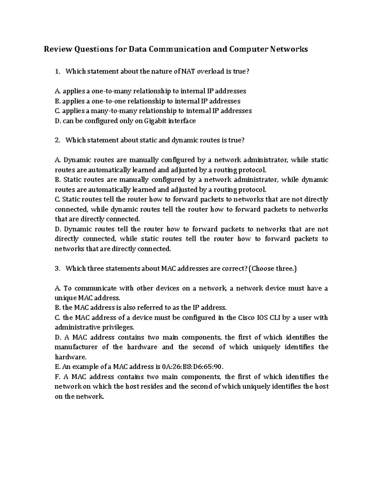 Computer Networks Review Questions - Review Questions for Data Communication and Computer ...