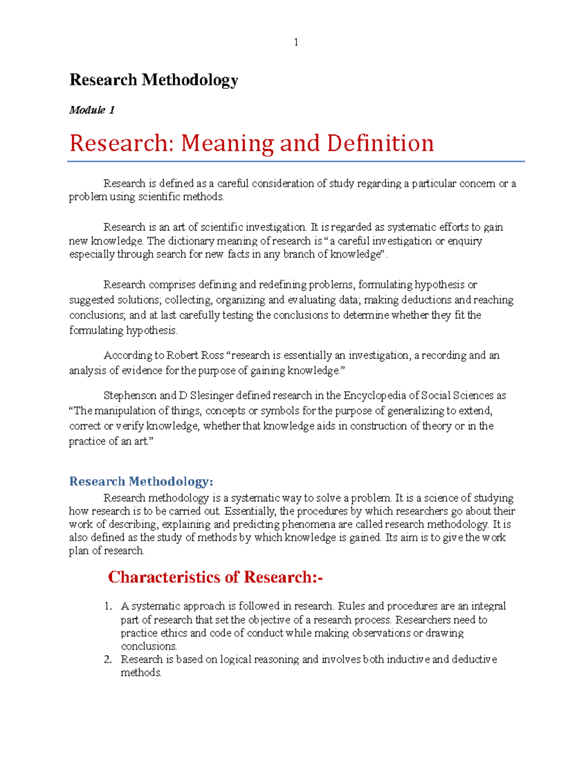 Research methodology note - Research Methodology Module 1 Research ...