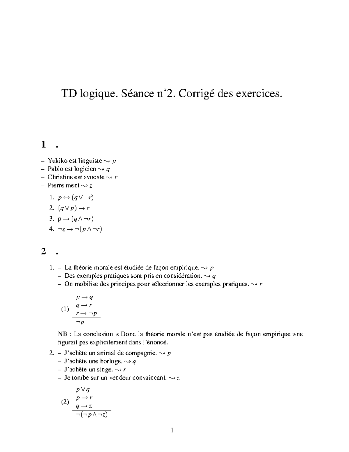 TD2 Corrigé - td et correction - TD logique. Séance n˚2. Corrigé des exercices. 1 ...