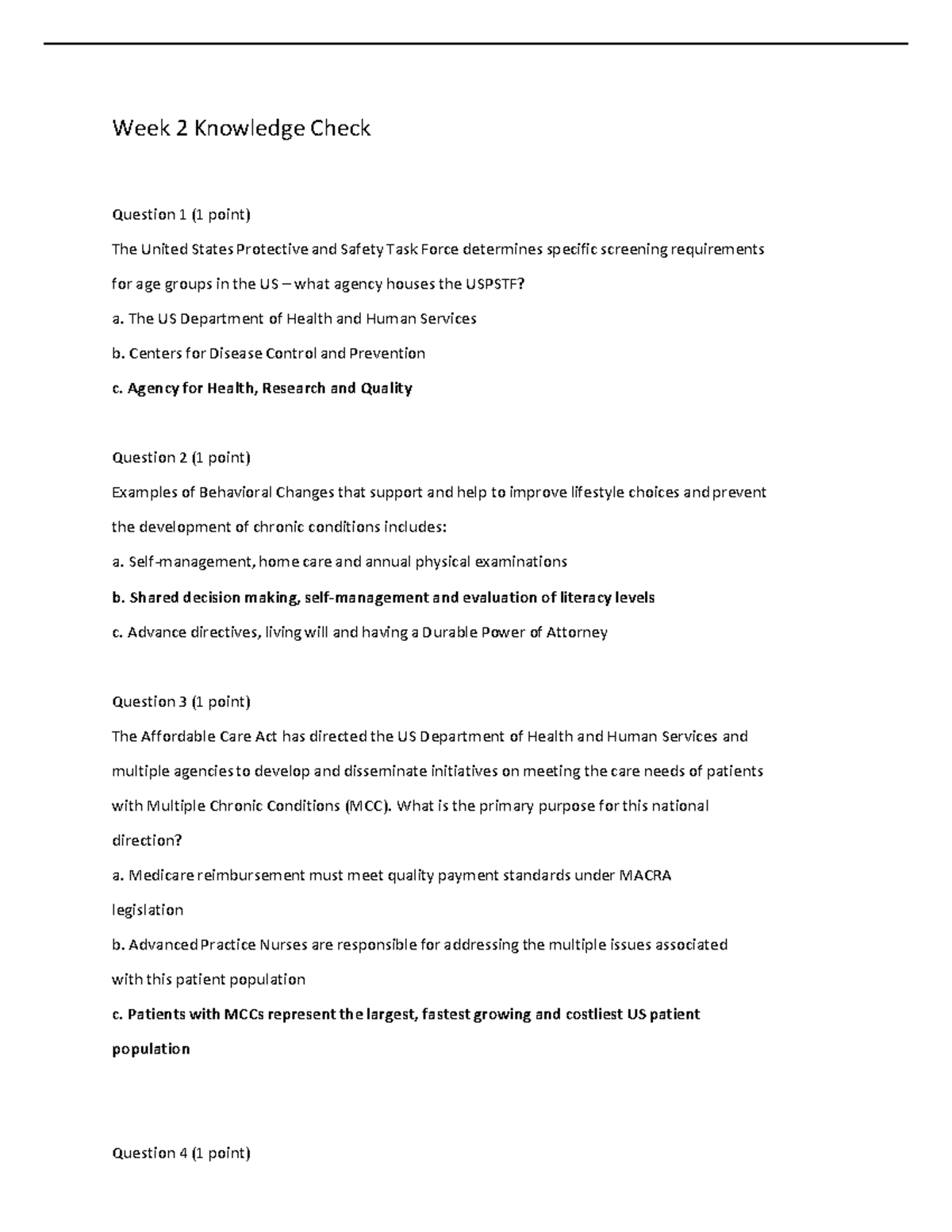 Nursing Concepts NURS 325 - Week 2 Knowledge Check Question 1 (1 point ...