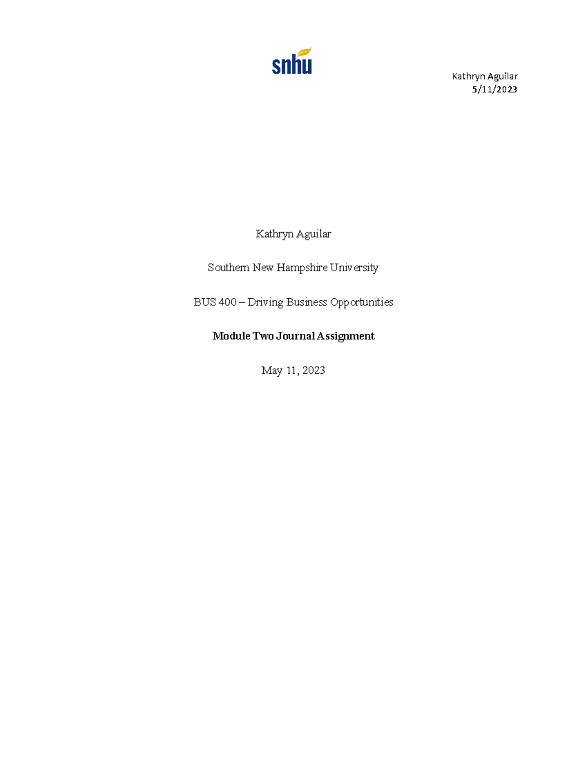 BUS 400 - Module Two Journal - Kathryn Aguilar Southern New Hampshire ...