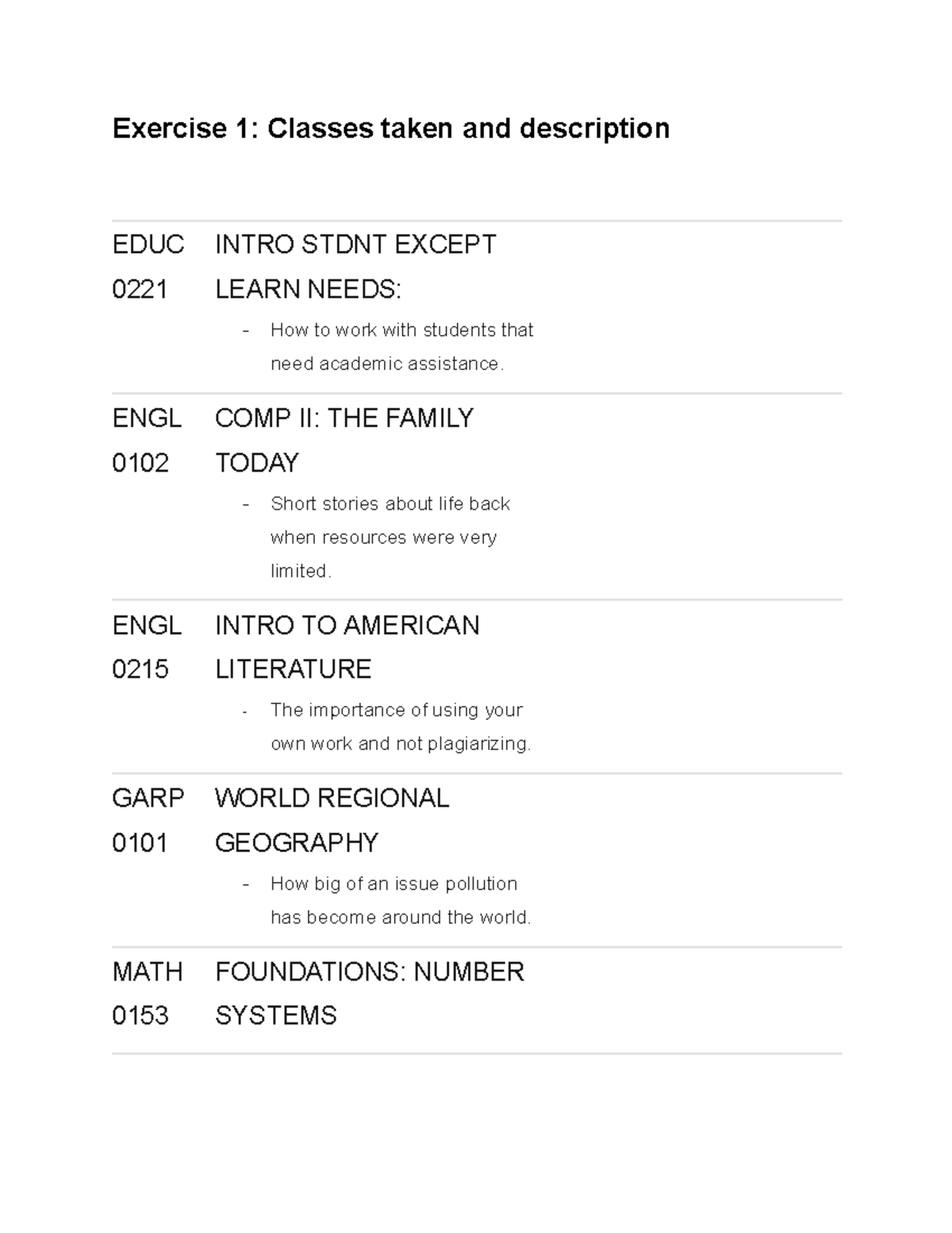 Untitled document - classes taken and short description - Exercise 1 ...