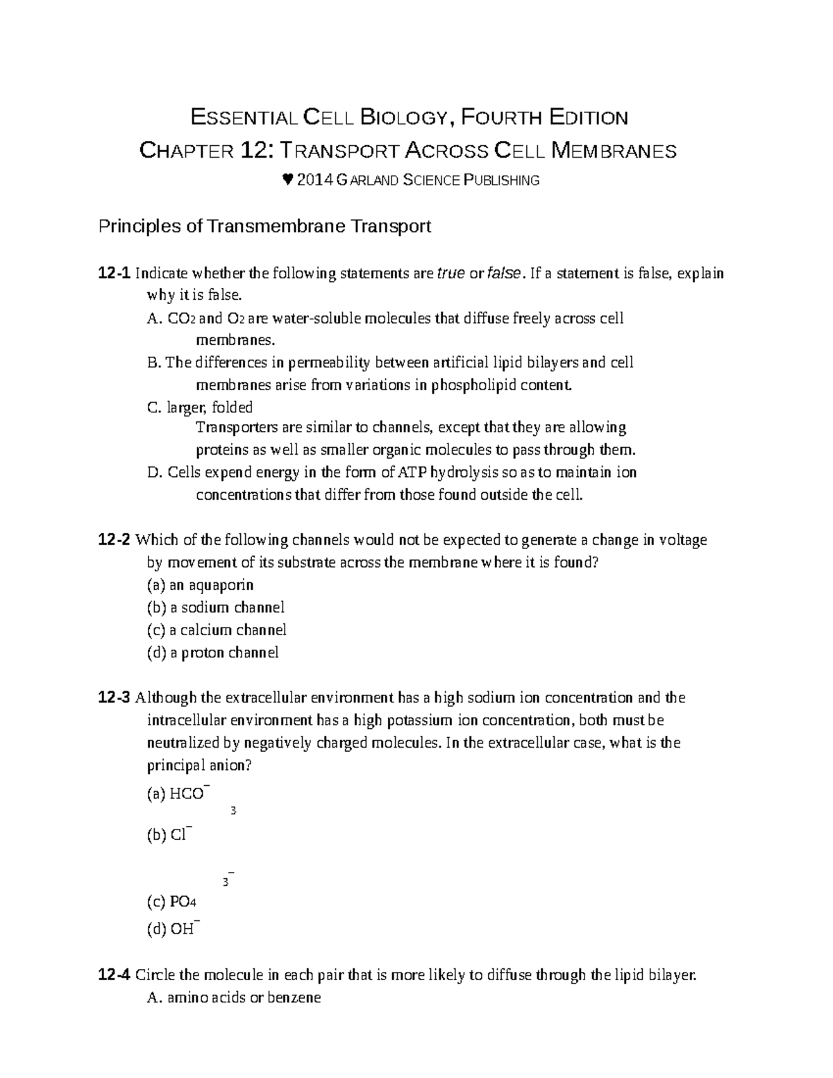 ECB4 Ch1212 - Practice questions for exams - ESSENTIAL CELL BIOLOGY ...