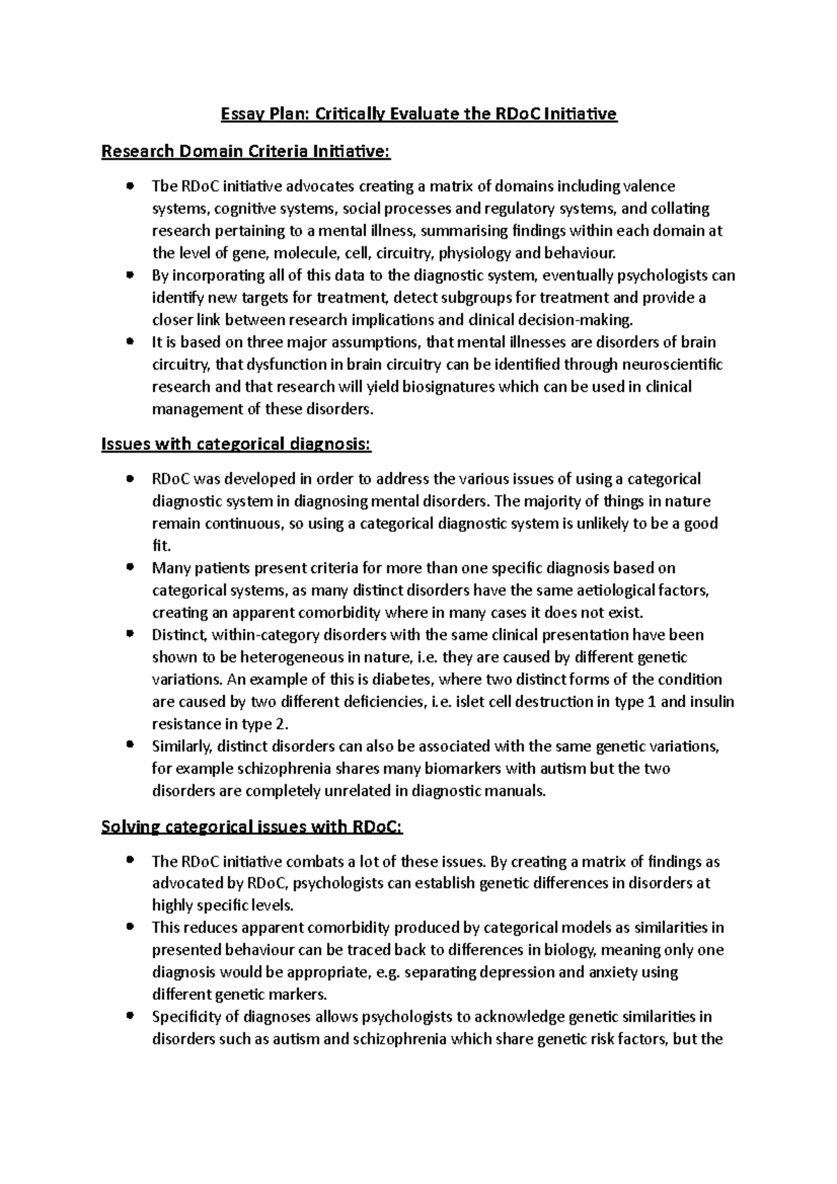 BBMD Essay Plan RDoC - Essay Plan: Critically Evaluate the RDoC ...