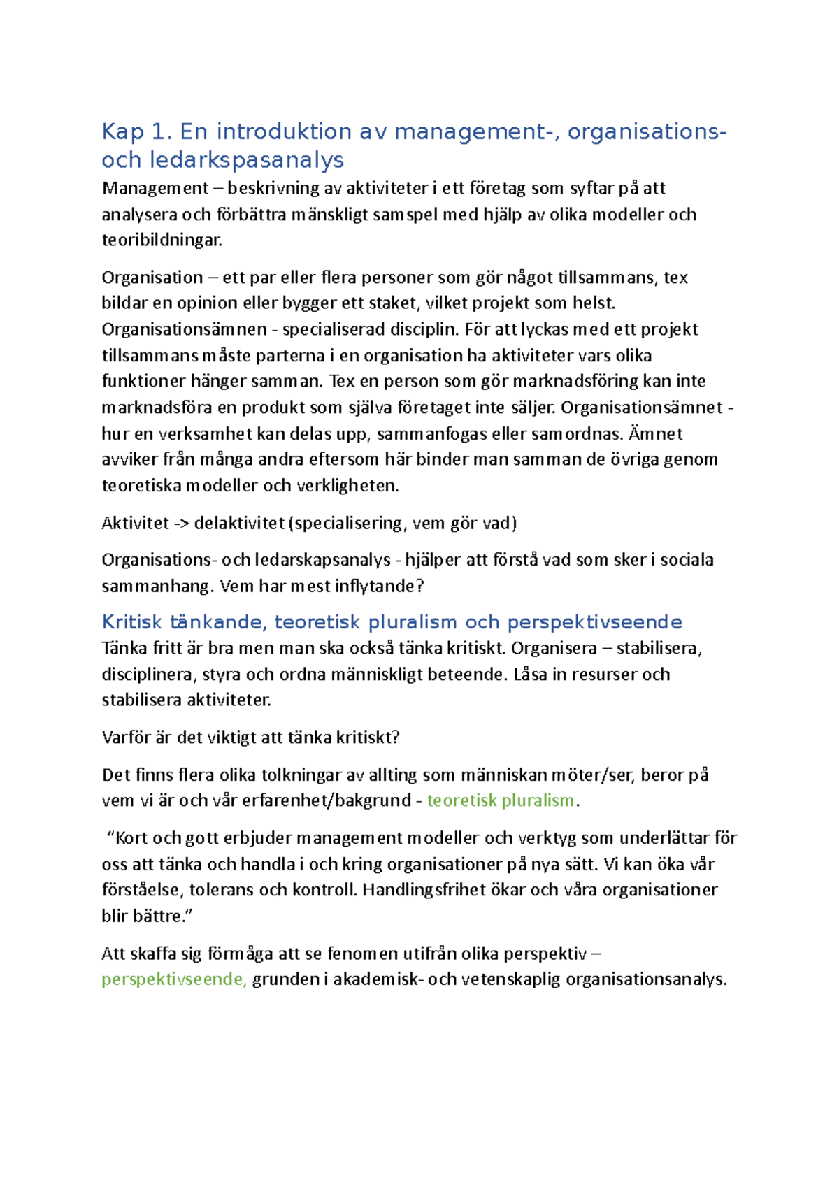Fek101 anteckningar från boken och föreläsningar - Kap 1. En introduktion av management-, - Studocu