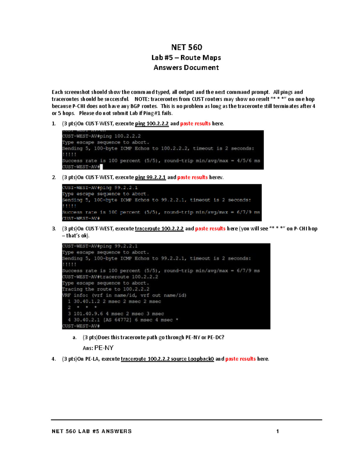 NET560 Lab#5 W2024 Answersheet v1 AV - NET 560 Lab #5 – Route Maps Answers Document Each ...