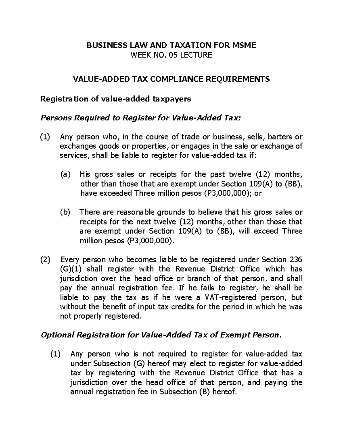 BLT-WEEK5 - good - BUSINESS LAW AND TAXATION FOR MSME WEEK NO. 05 ...