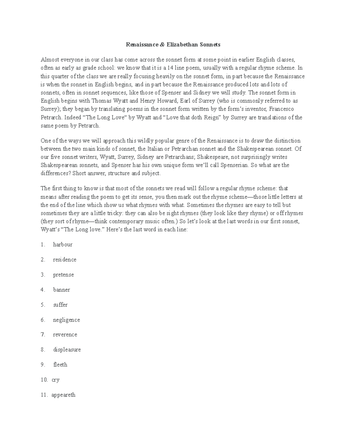 Renaissance & Elizabethan Sonnets Discussion Forum - ENGL-2341 - Studocu