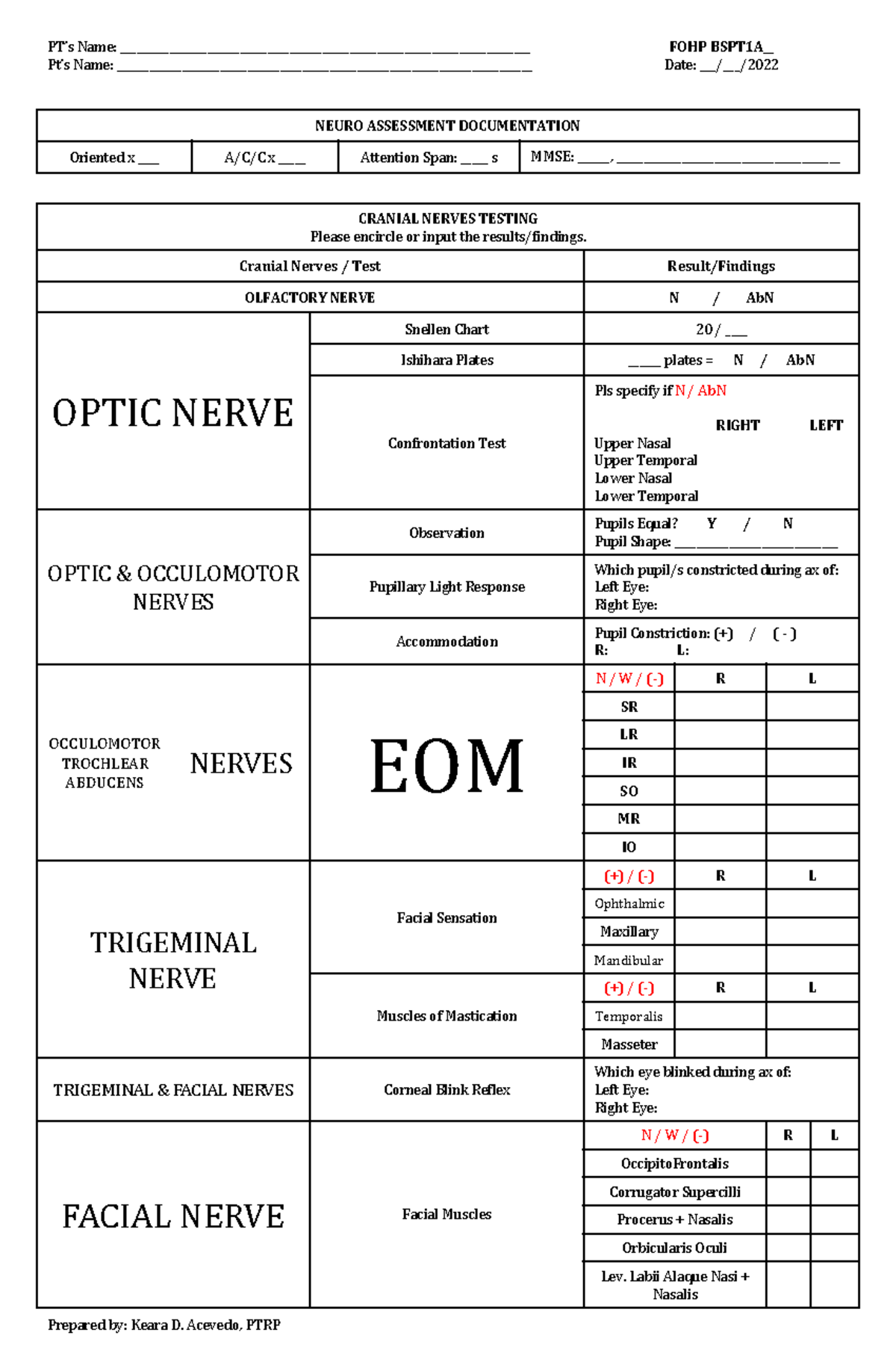 Neuro Ax for Lab print - PT’s Name: - Studocu