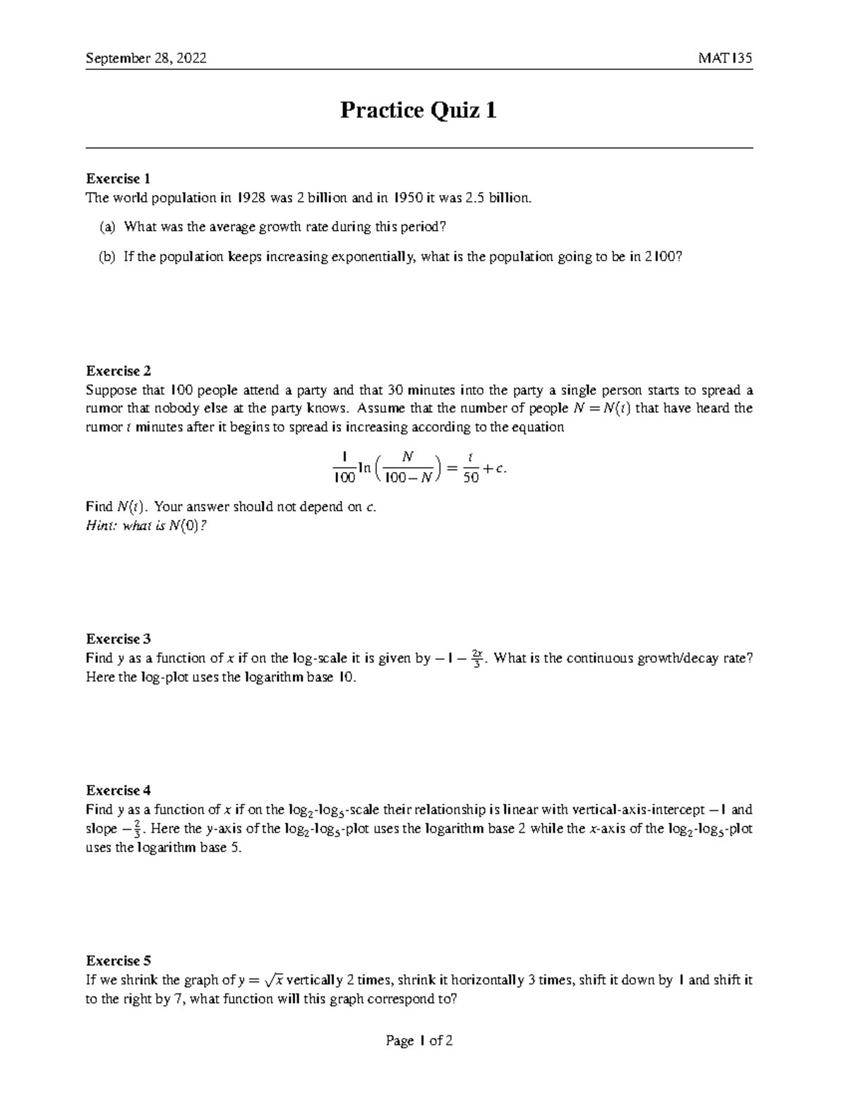Quiz1 practice - September 28, 2022 MAT Practice Quiz 1 Exercise 1 The ...