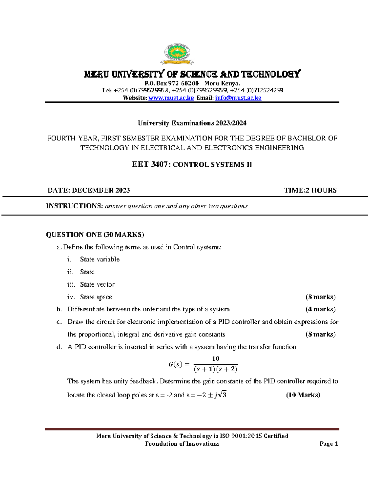 EET-3407- Control- Systems-II- Meru University of Science & Technology is ISO 9001:2015 - Studocu