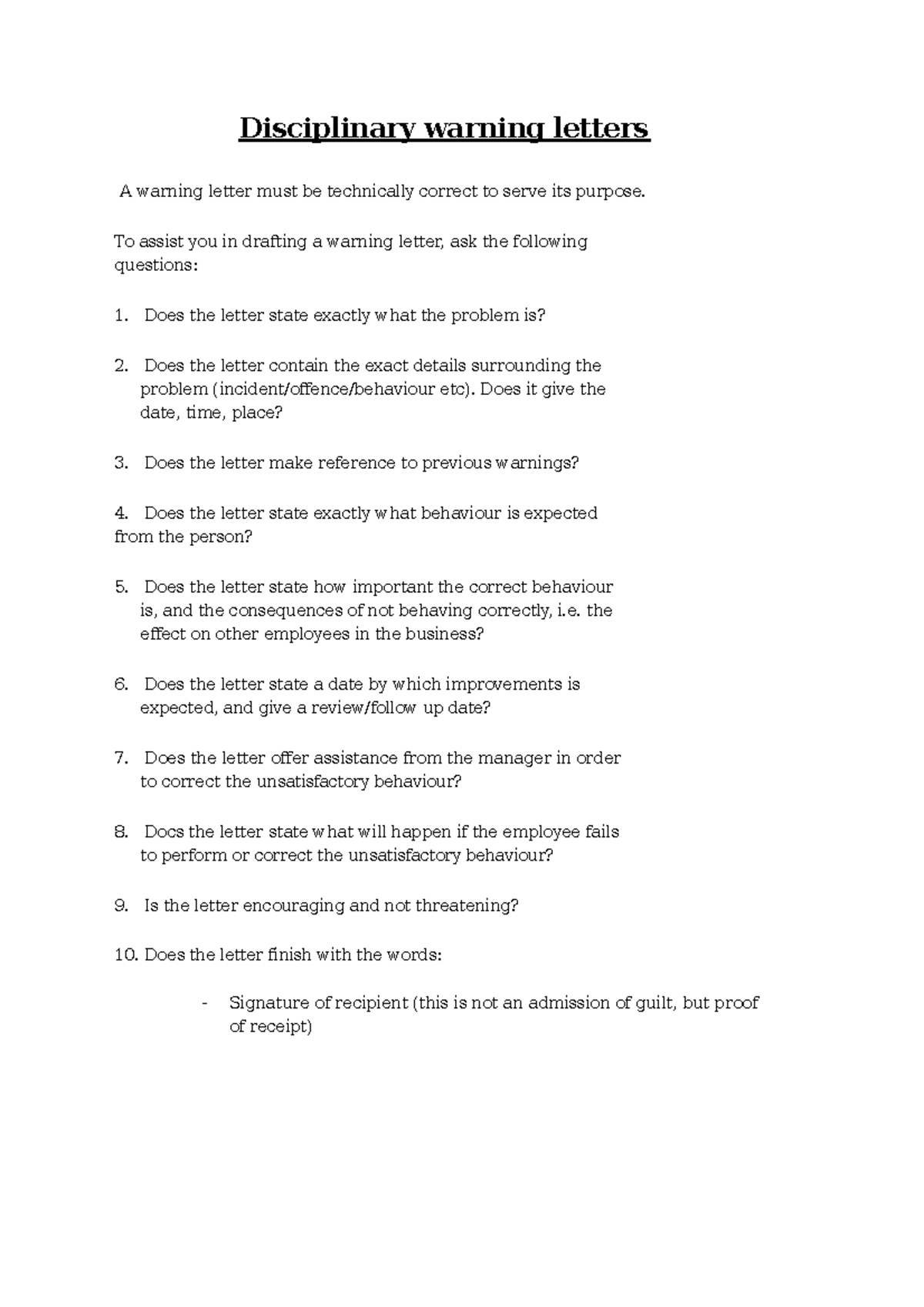 Employee warning letter 05 - Disciplinary warning letters A warning ...