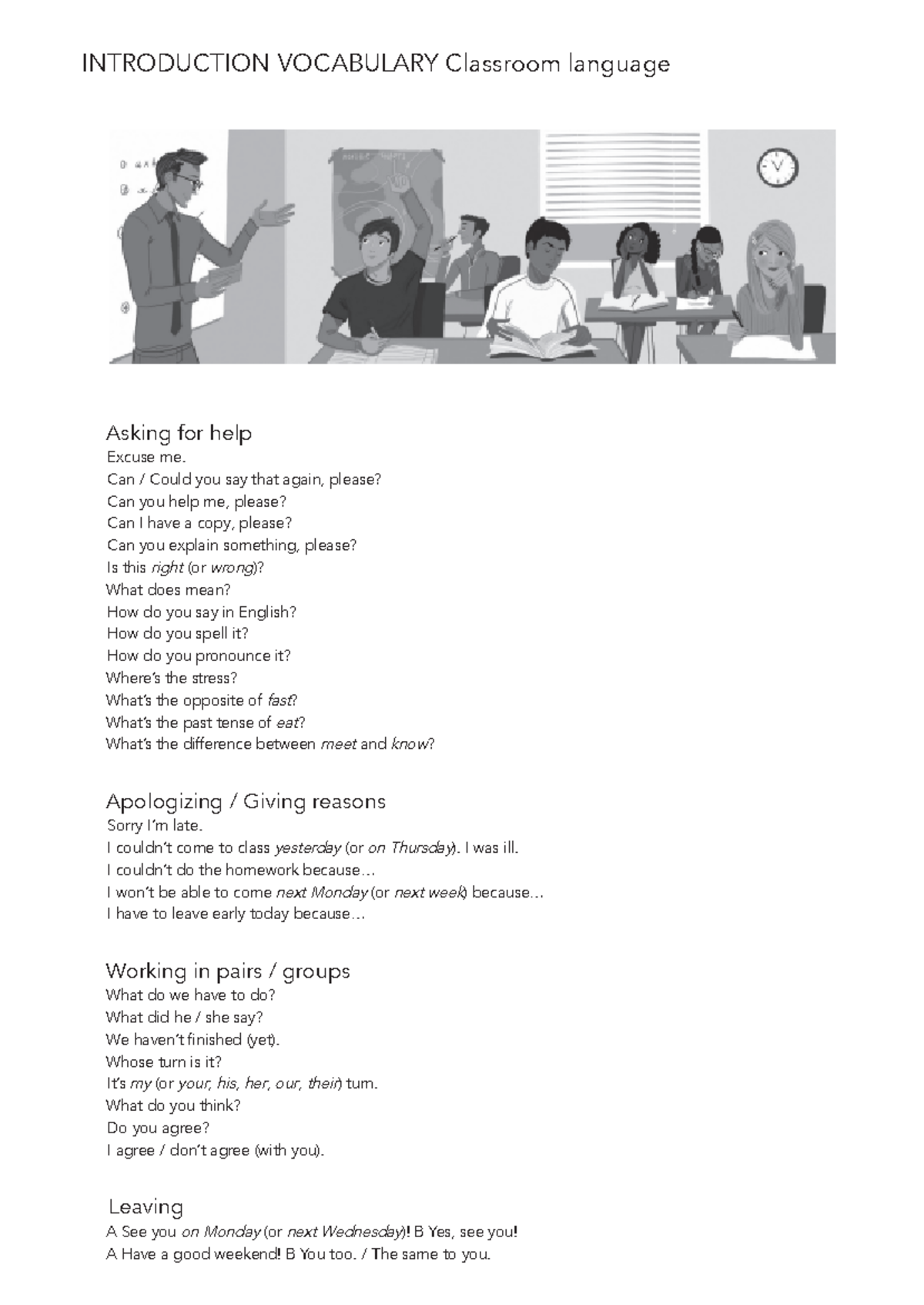 Vocabulary Introduction - INTRODUCTION VOCABULARY Classroom language ...