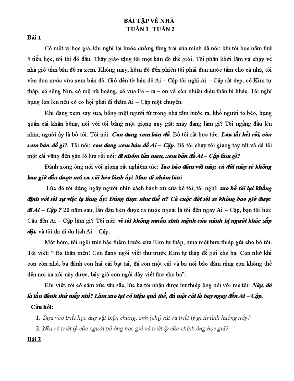 1.Bài tập tuần 1 và 2 - Bài tập - BÀI TẬP VỀ NHÀ TUẦN 1- TUẦN 2 Bài 1 ...
