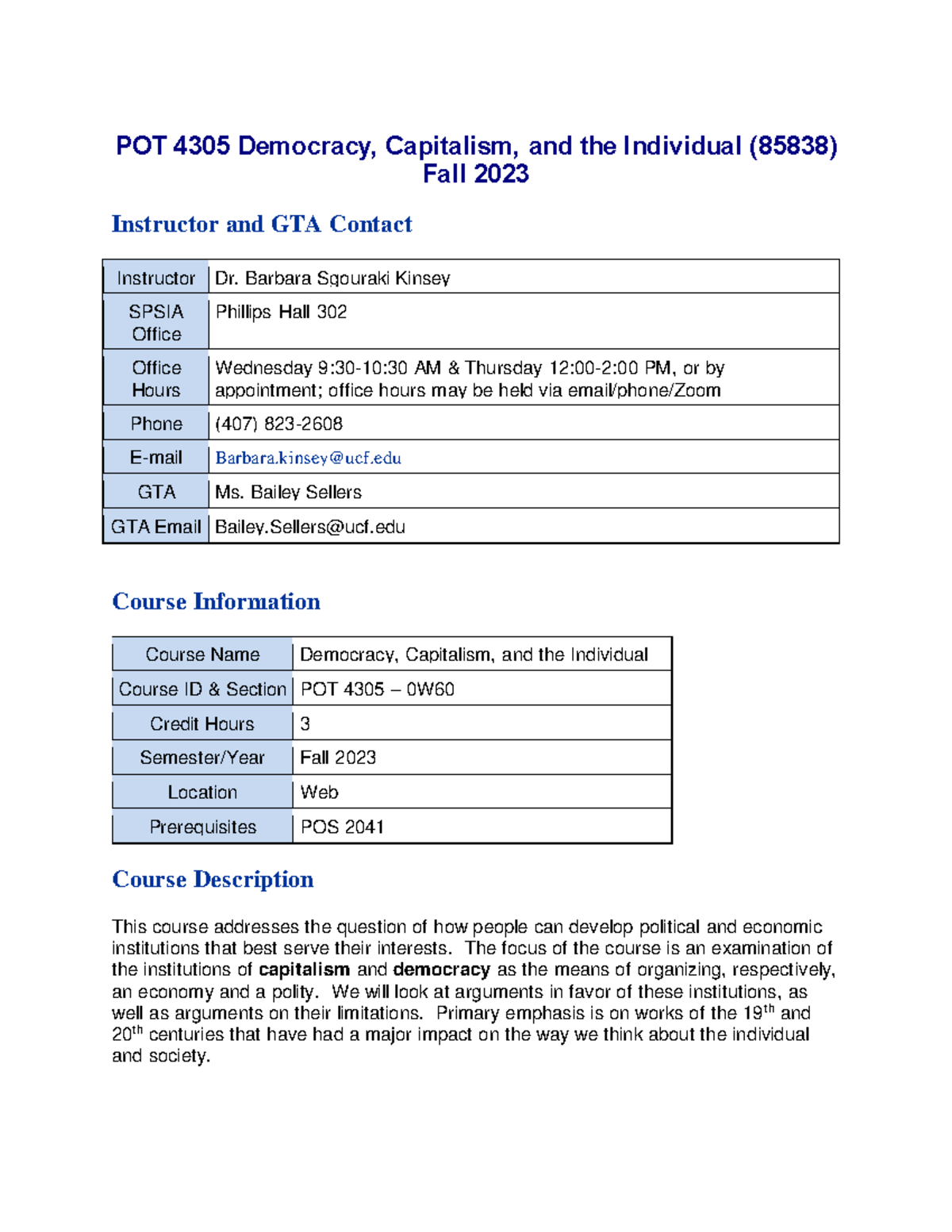 POT 4305.0W60 Syllabus. Fall 2023 - POT 4305 Democracy, Capitalism, and ...