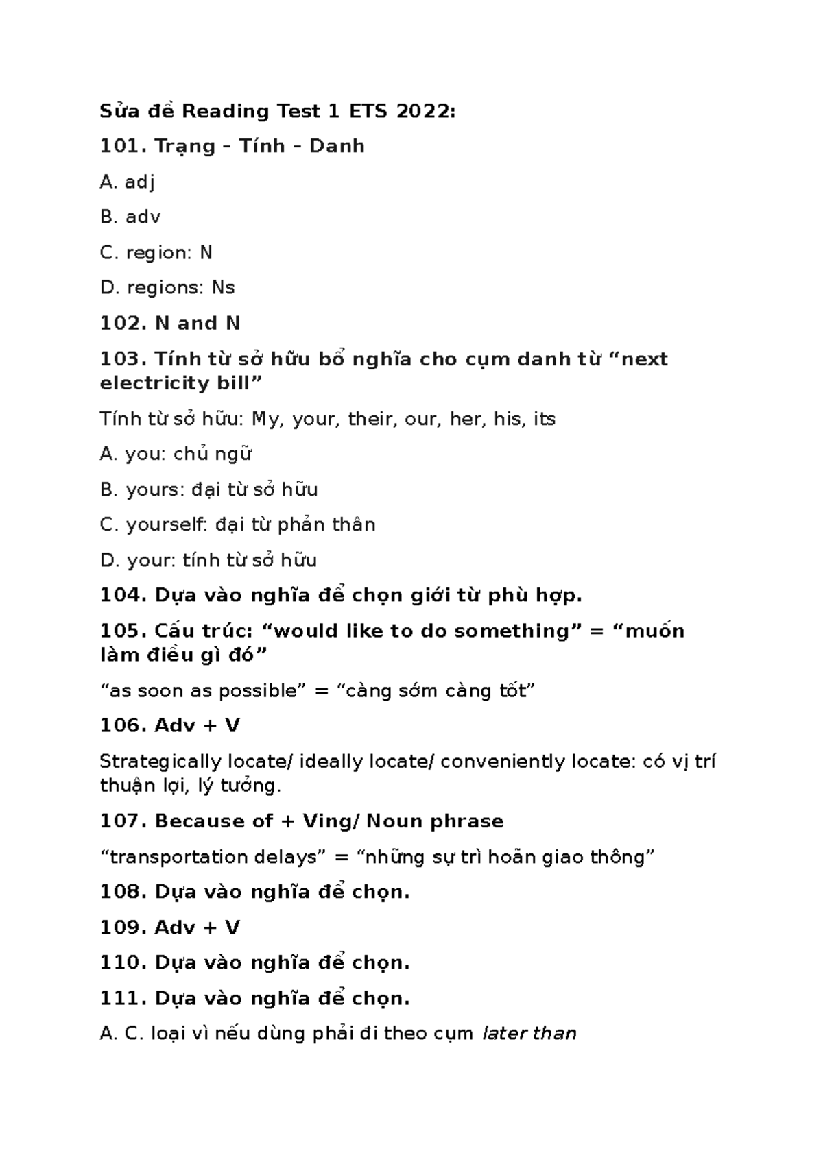 Reading test 1 2022 - hjhj - Sửa đề Reading Test 1 ETS 2022: 101. Trạng ...