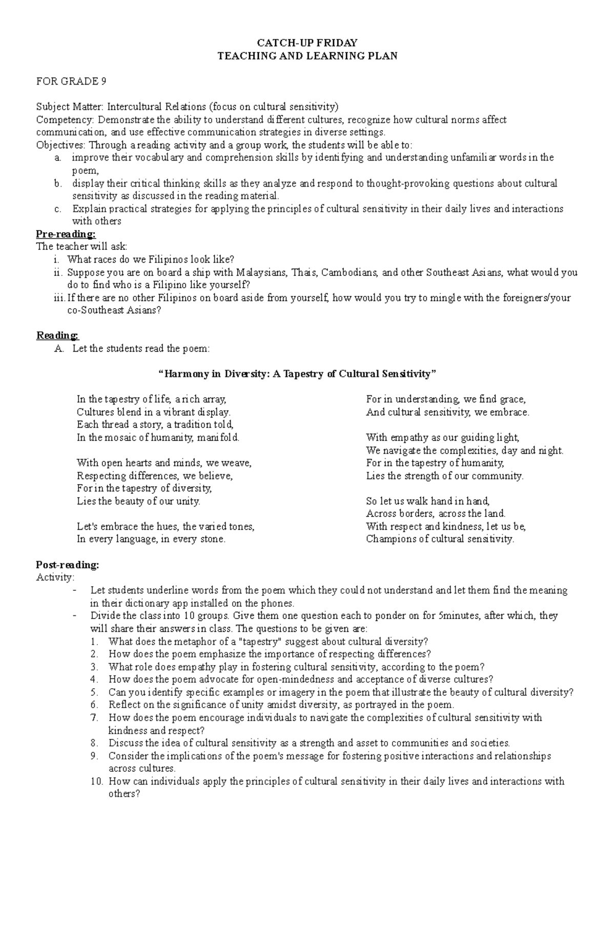 Cultural sensitivity - CATCH-UP FRIDAY TEACHING AND LEARNING PLAN FOR ...