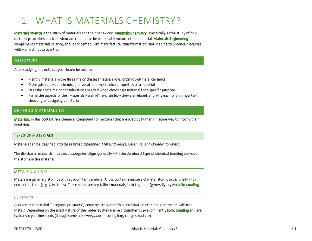 1 - What are Materials - Lecture notes 1 - CHEM579 - UCalgary - Studocu