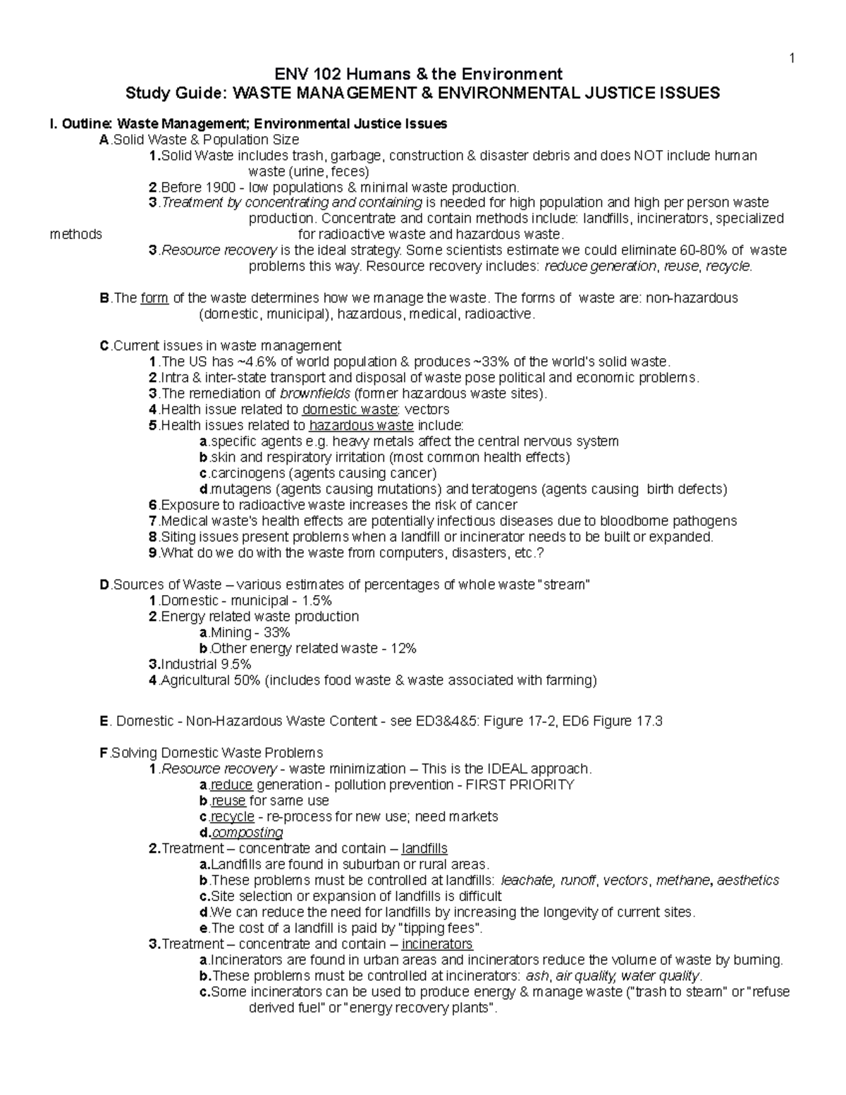 Notes Study Guide-Waste - ENV 102 Humans & the Environment Study Guide ...