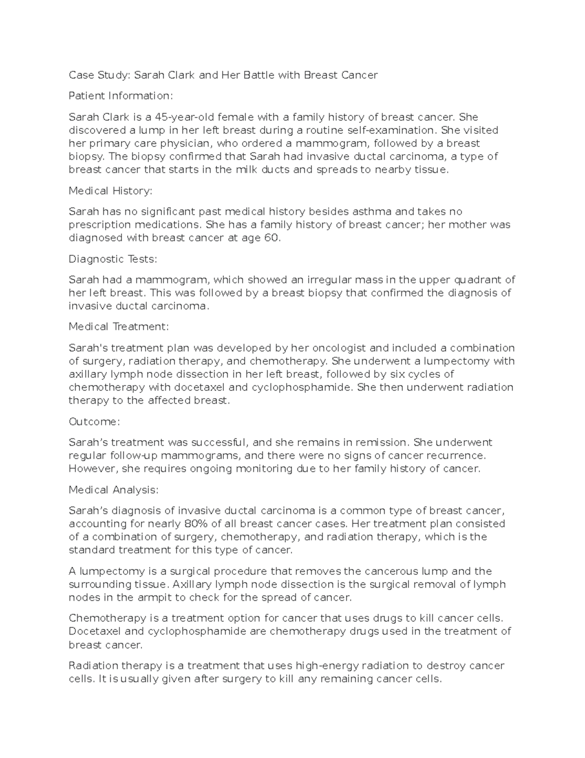 Case Study Sarah Clark and Her Battle with Breast Cancer - She discovered a lump in her left ...