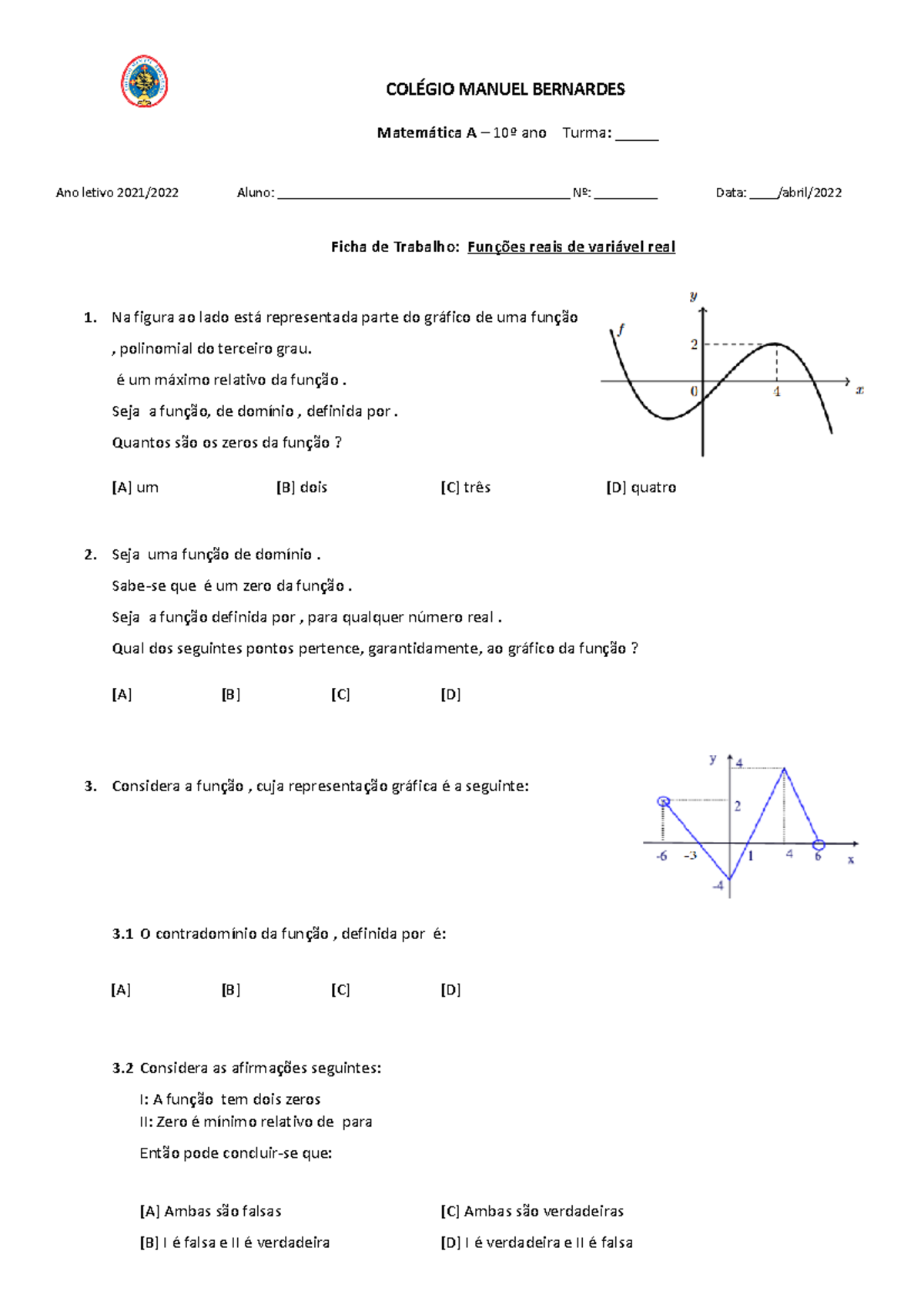 Ficha de Fun Ã§Ãµes reais de vari Ã¡vel real - COLÉGIO MANUEL BERNARDES ...