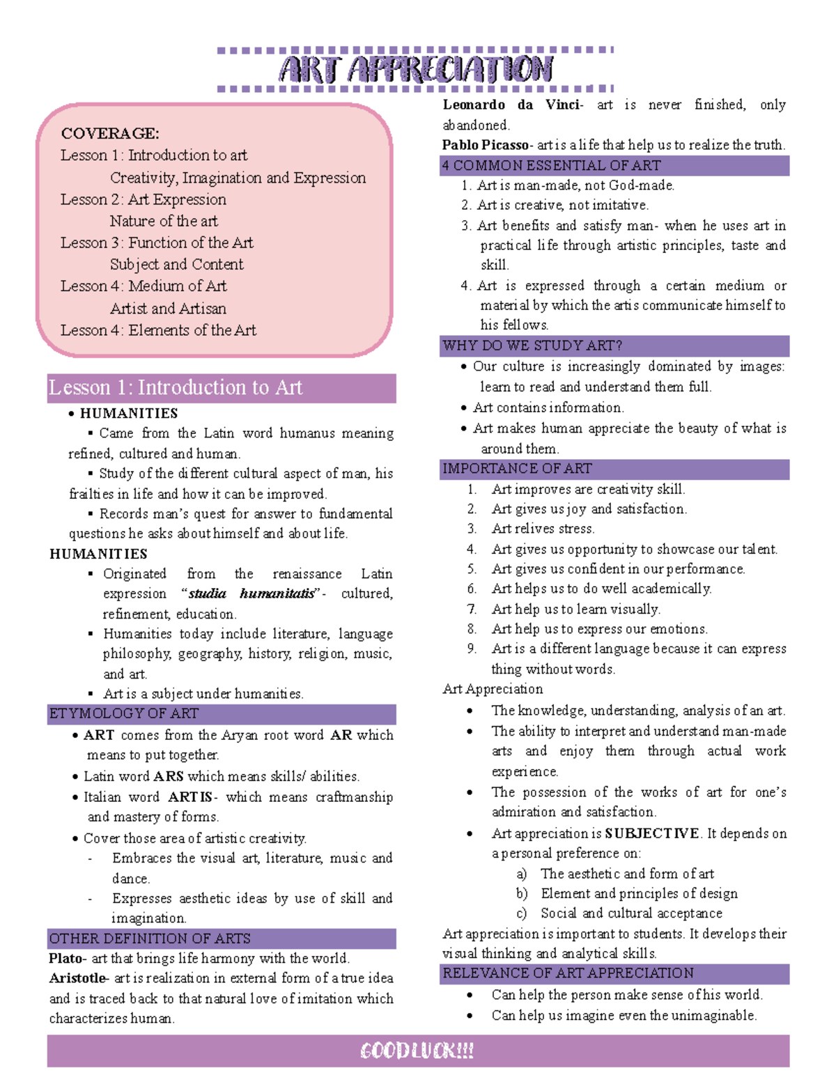 ARTA211 - Summary Introduction to Art Appreciation - Lesson 1 ...