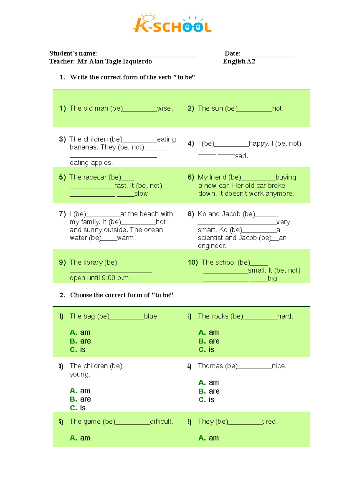 Verb to be A2 - Verb to be A2 - Student’s name ...