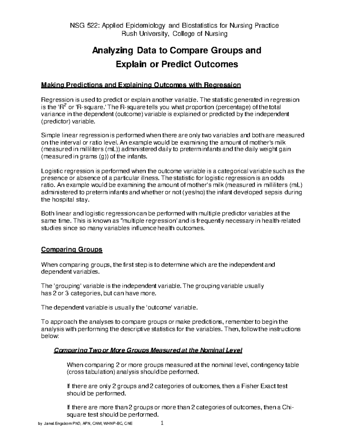 Module 7 - Comparing Groups and Predicting Outcomes - Key Concepts ...