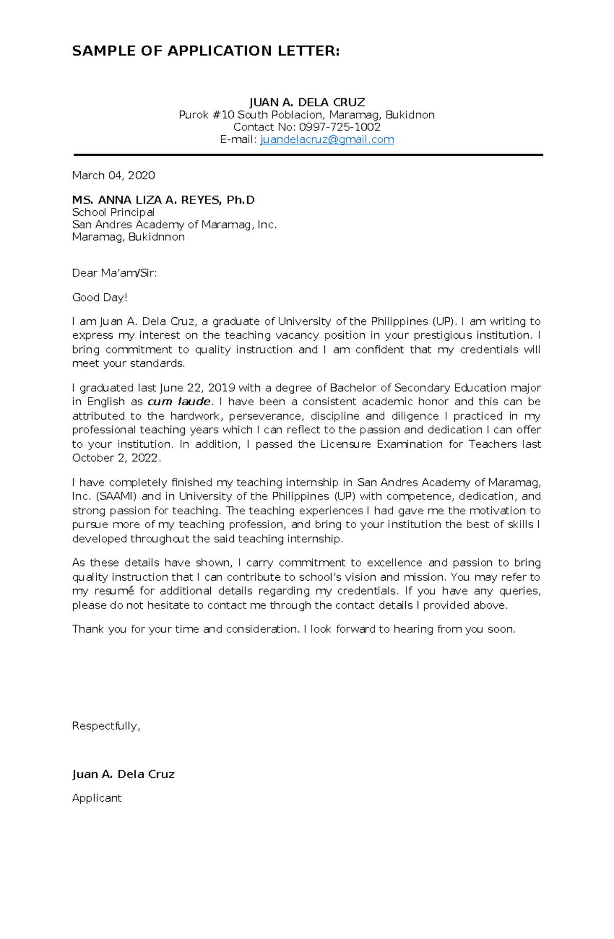 SAMPLE OF APPLICATION LETTER - DELA CRUZ Purok # 10 South Poblacion ...