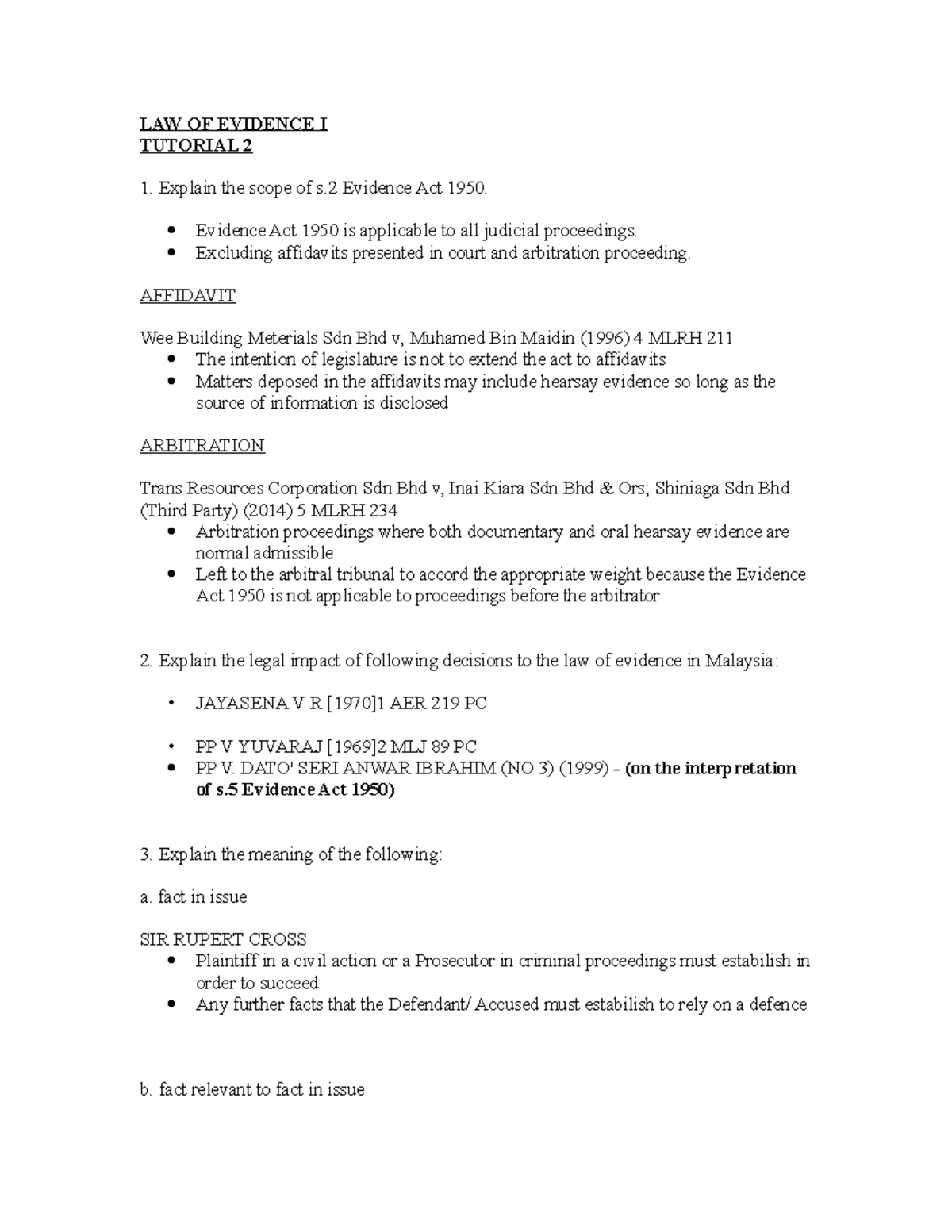Tutorial 2 -evidence - Law of Evidence I - MMU - Studocu