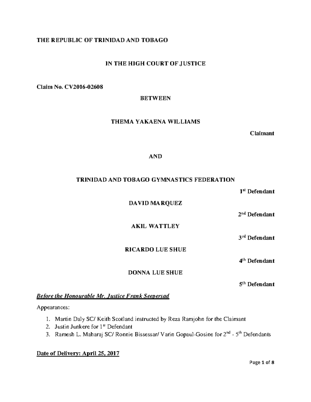 Thema Yakaema Williams v Trinidad and Tobago Gymnastics Federation 2017 ...