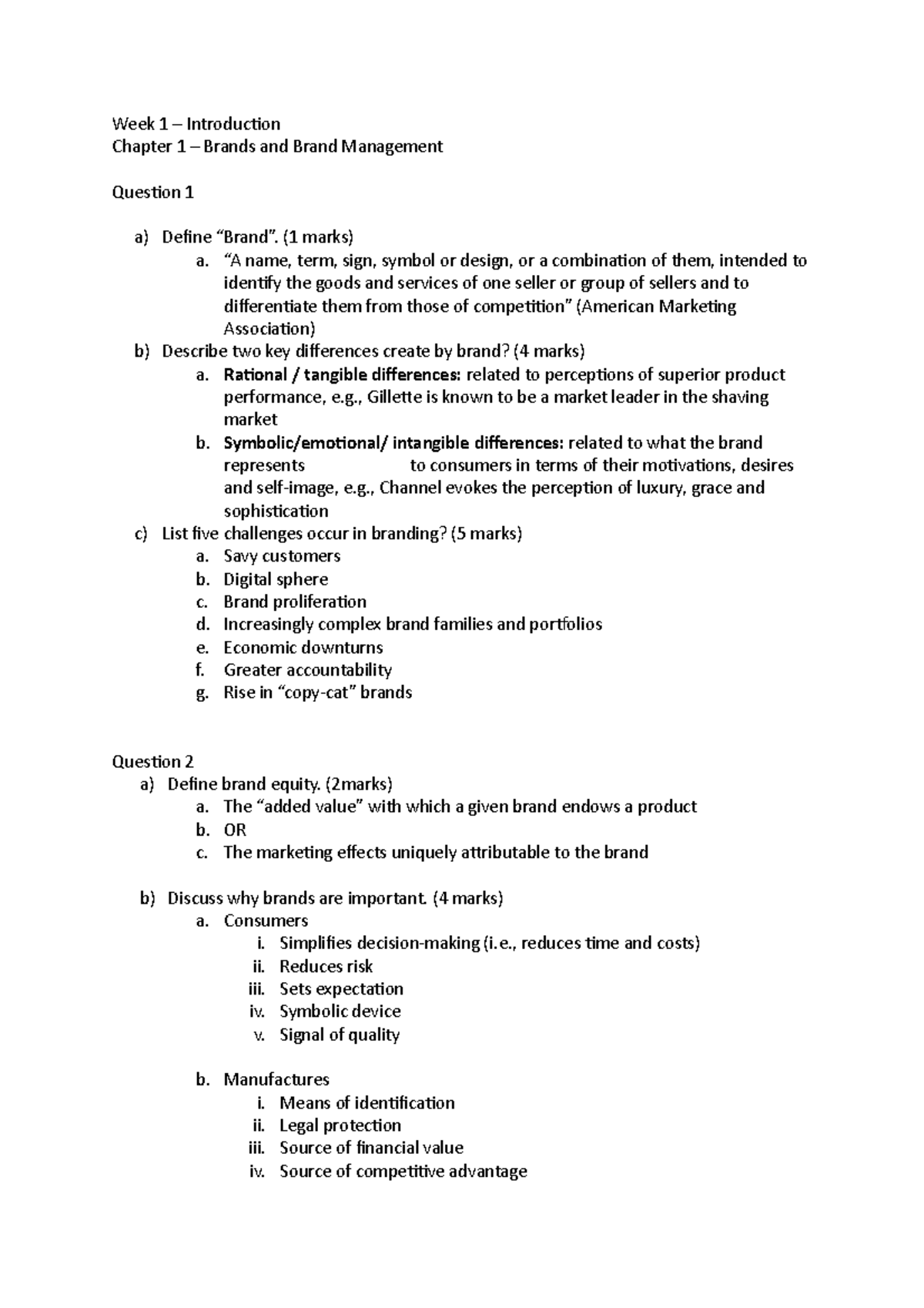 Questions Chapter 1 & 2 - Week 1 – Introduction Chapter 1 – Brands and ...