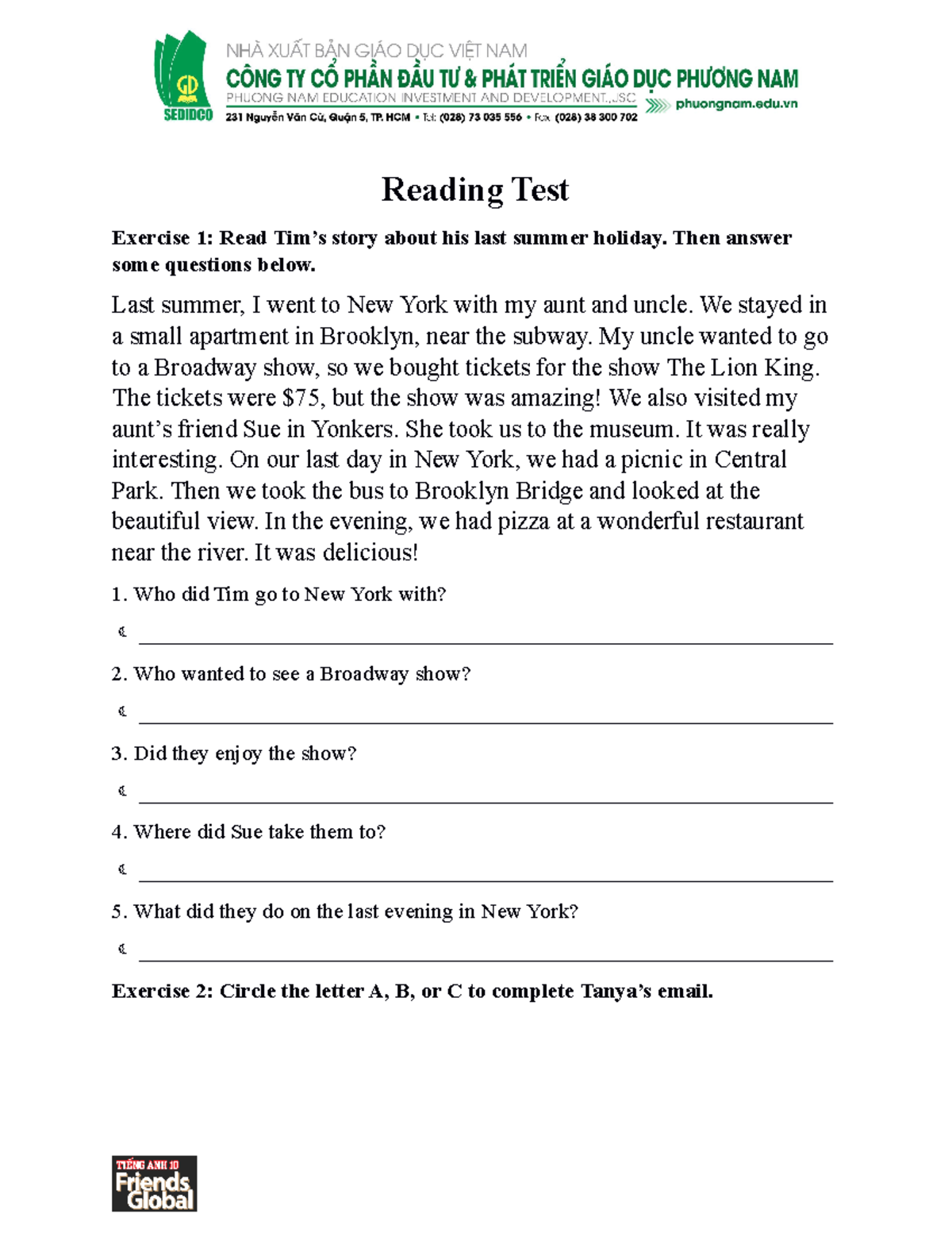 Readin~1 - READING UNIT 1 TEST GLOBAL FRIEND 10 - Reading Test Exercise ...