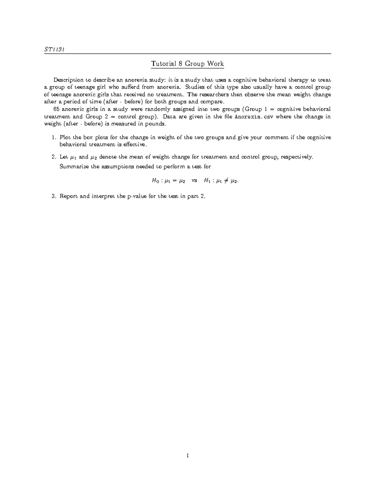 Tutorial 08 onsite - Coursework - ST1131 - NUS - Studocu