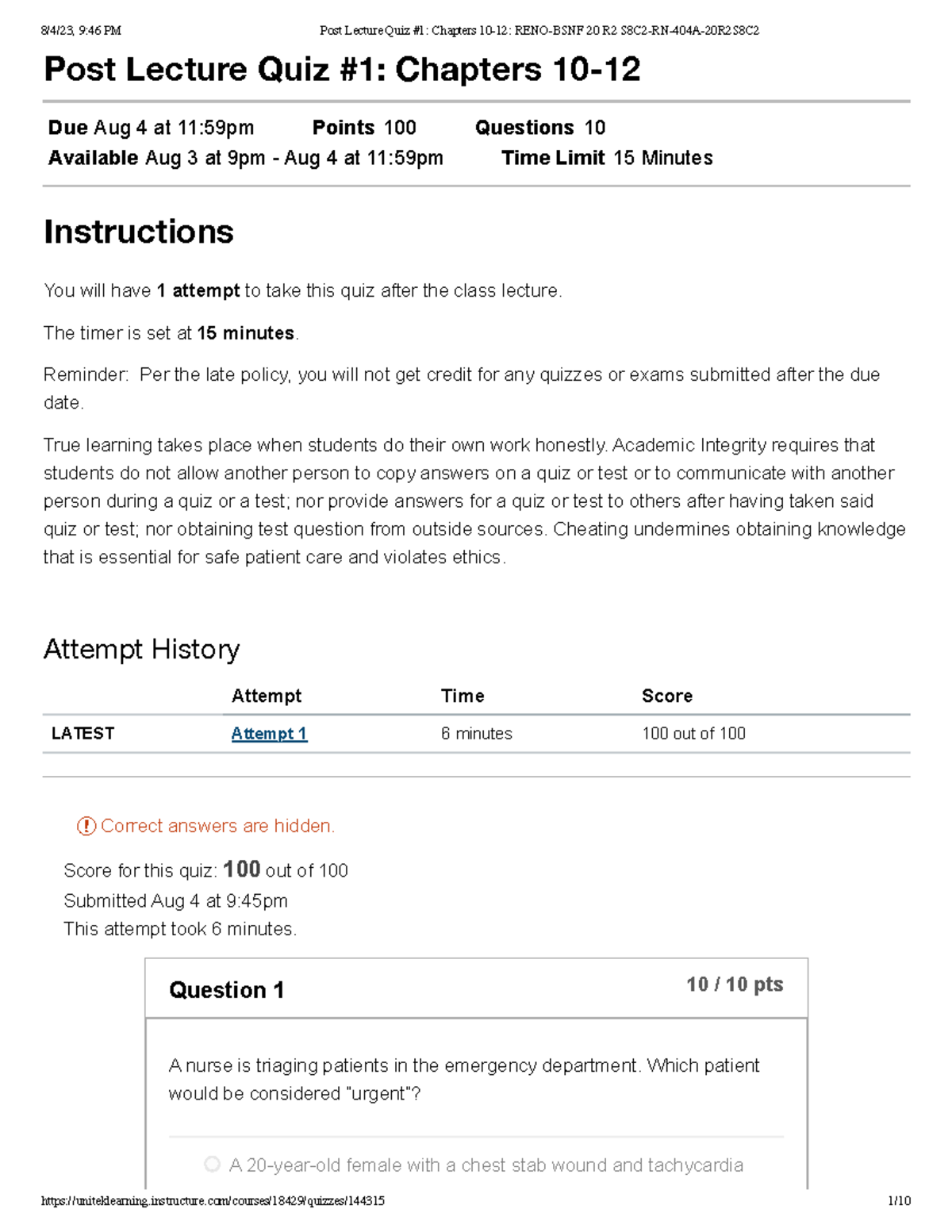 Post Lecture Quiz #1 Chapters 10-12 RENO-BSNF 20 R2 S8C2-RN-404A ...