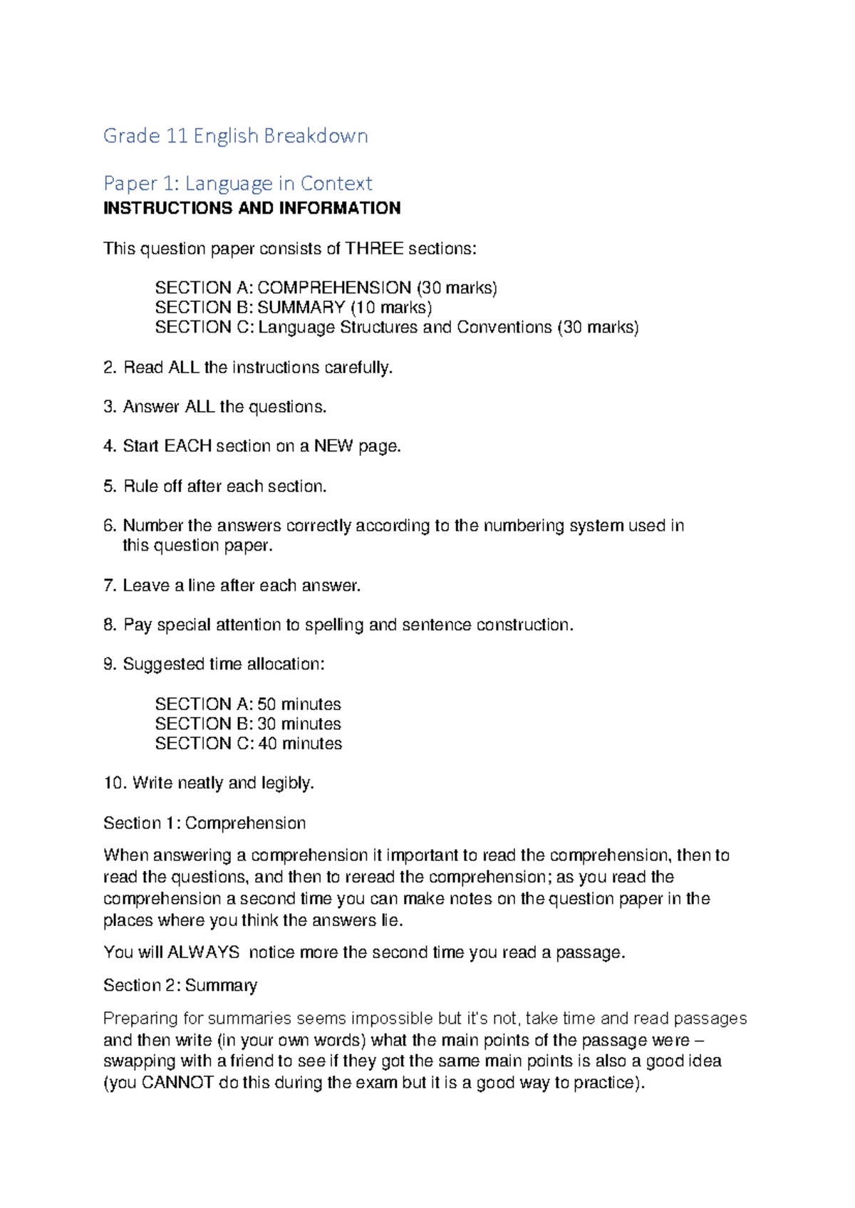 Grade 11 English Exam Breakdown - Grade 1 1 English Breakdown Paper 1 ...