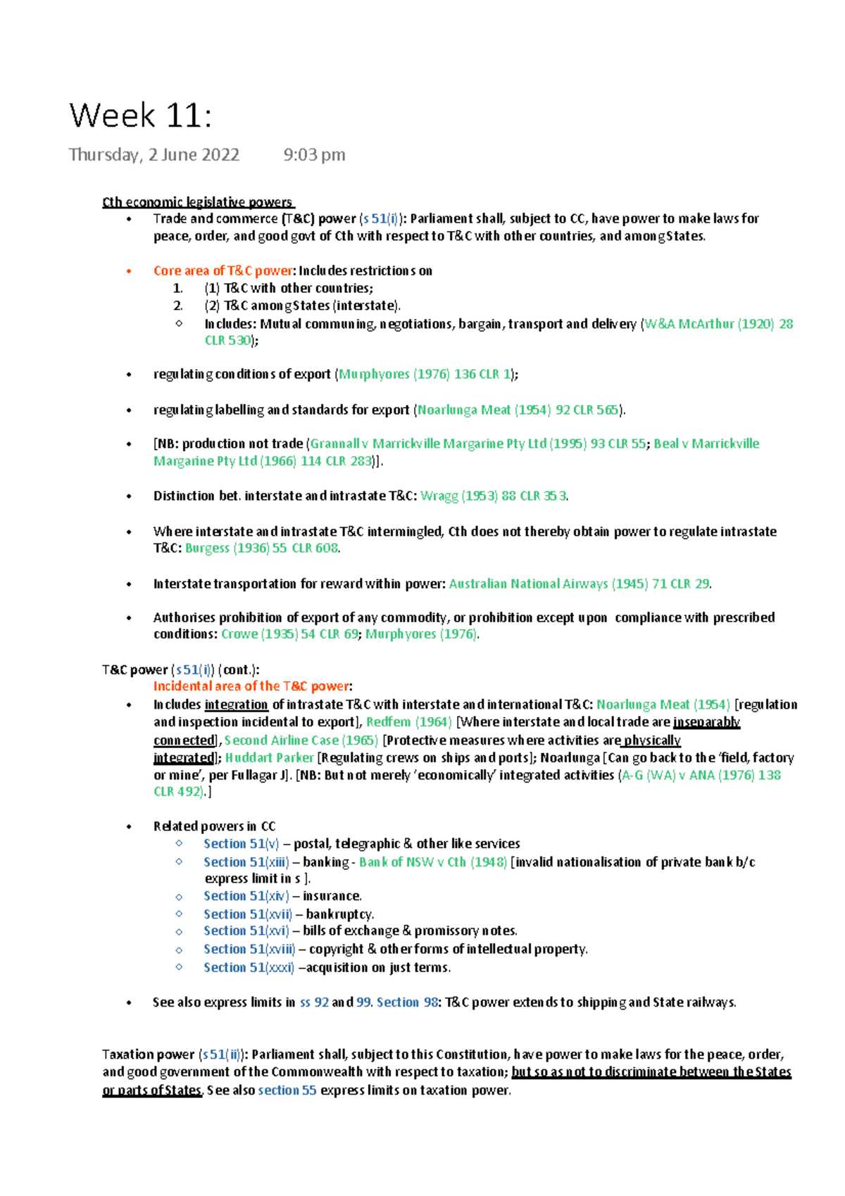 Week 11 - Week 11 Lecture Notes - Cth economic legislative powers Trade ...